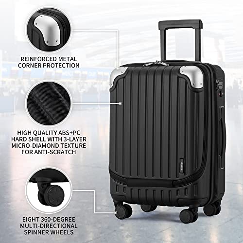 LEVEL8 Grace Carry On Luggage, 20” Hardside Suitcase, ABS+PC Harshell Spinner Luggage with TSA Lock, Spinner Wheels - Black, 20-Inch Carry-On