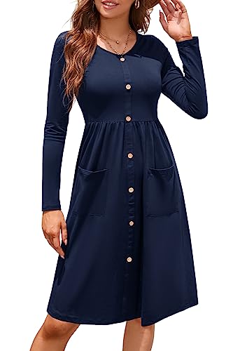 OUGES Womens Fall Long Sleeve Midi Dresses Button Down V Neck Skater Dress with Pockets 2023(Navy,XL)