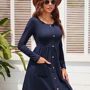 OUGES Womens Fall Long Sleeve Midi Dresses Button Down V Neck Skater Dress with Pockets 2023(Navy,XL)