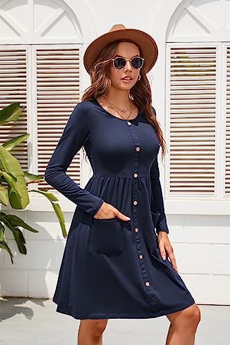 OUGES Womens Fall Long Sleeve Midi Dresses Button Down V Neck Skater Dress with Pockets 2023(Navy,XL)