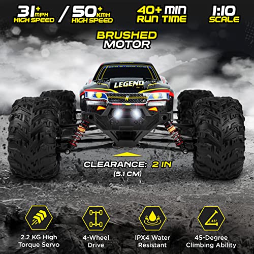 LAEGENDARY Remote Control Car, Hobby Grade RC Car 1:10 Scale Brushed Motor with Two Batteries, 4x4 Off-Road Waterproof RC Truck, Fast RC Cars for Adults, RC Cars, Remote Control Truck, Gifts for Kids