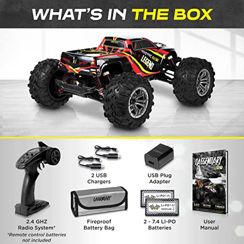 LAEGENDARY Remote Control Car, Hobby Grade RC Car 1:10 Scale Brushed Motor with Two Batteries, 4x4 Off-Road Waterproof RC Truck, Fast RC Cars for Adults, RC Cars, Remote Control Truck, Gifts for Kids