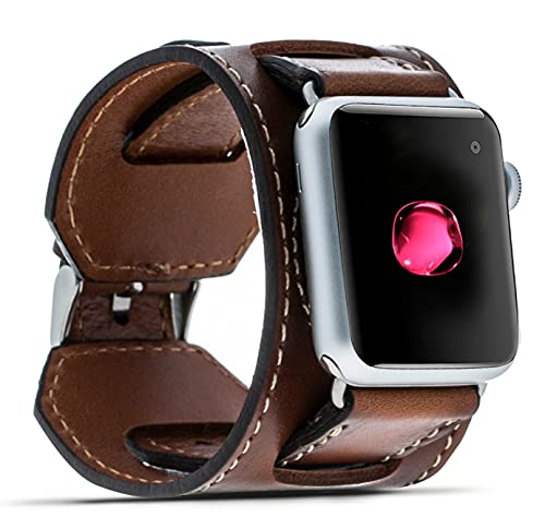 VENOULT iWatch Series 8 Compatible Apple Watch Cuff Bands for Man or Women 45mm, 44mm, 41mm, 40mm, Series 8-1 Dark Brown Genuine Leather Bull Strap, HANDMADE