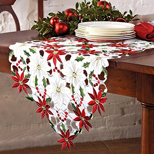 OurWarm 15 x 70 Inch Embroidered Christmas Table Runner Red Table Linens for Christmas Decorations, Luxury Holly Poinsettia Table Runner for Dining Kitchen & Dining Table