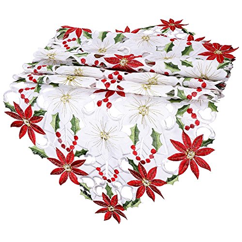 OurWarm 15 x 70 Inch Embroidered Christmas Table Runner Red Table Linens for Christmas Decorations, Luxury Holly Poinsettia Table Runner for Dining Kitchen & Dining Table