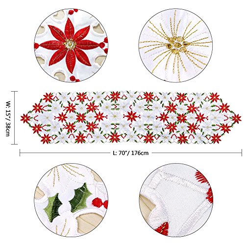 OurWarm 15 x 70 Inch Embroidered Christmas Table Runner Red Table Linens for Christmas Decorations, Luxury Holly Poinsettia Table Runner for Dining Kitchen & Dining Table