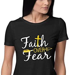 Go All Out Medium Black Womens Faith Over Fear Cross & Arrow T-Shirt