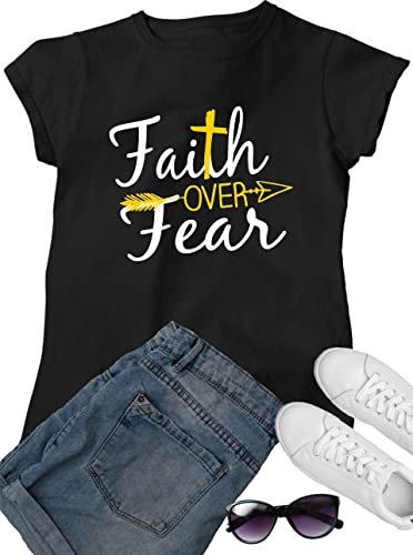 Go All Out Medium Black Womens Faith Over Fear Cross & Arrow T-Shirt