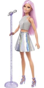 barbie pop star fashion doll with pink hair & brown eyes, iridescent skirt & microphone accessory