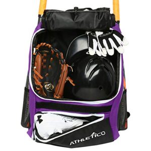 athletico baseball bat bag - backpack for baseball, t-ball & softball equipment & gear for youth and adults | holds bat, helmet, glove, & shoes |shoe compartment & fence hook (purple)