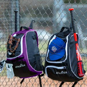 Athletico Baseball Bat Bag - Backpack for Baseball, T-Ball & Softball Equipment & Gear for Youth and Adults | Holds Bat, Helmet, Glove, & Shoes |Shoe Compartment & Fence Hook (Purple)