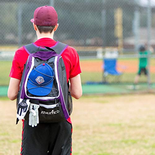 Athletico Baseball Bat Bag - Backpack for Baseball, T-Ball & Softball Equipment & Gear for Youth and Adults | Holds Bat, Helmet, Glove, & Shoes |Shoe Compartment & Fence Hook (Purple)