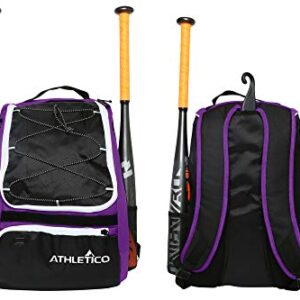 Athletico Baseball Bat Bag - Backpack for Baseball, T-Ball & Softball Equipment & Gear for Youth and Adults | Holds Bat, Helmet, Glove, & Shoes |Shoe Compartment & Fence Hook (Purple)