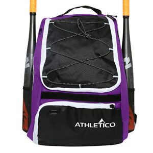 Athletico Baseball Bat Bag - Backpack for Baseball, T-Ball & Softball Equipment & Gear for Youth and Adults | Holds Bat, Helmet, Glove, & Shoes |Shoe Compartment & Fence Hook (Purple)