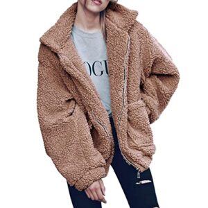 prettygarden women's 2023 fashion winter coat long sleeve lapel zip up faux shearling shaggy oversized shacket jacket (khaki,small)