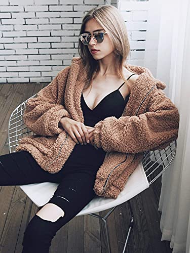 PRETTYGARDEN Women's 2023 Fashion Winter Coat Long Sleeve Lapel Zip Up Faux Shearling Shaggy Oversized Shacket Jacket (Khaki,Small)