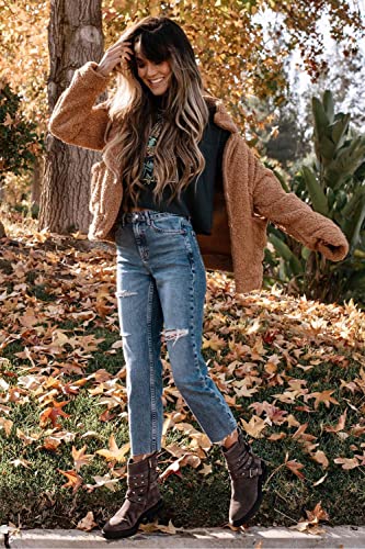 PRETTYGARDEN Women's 2023 Fashion Winter Coat Long Sleeve Lapel Zip Up Faux Shearling Shaggy Oversized Shacket Jacket (Khaki,Small)