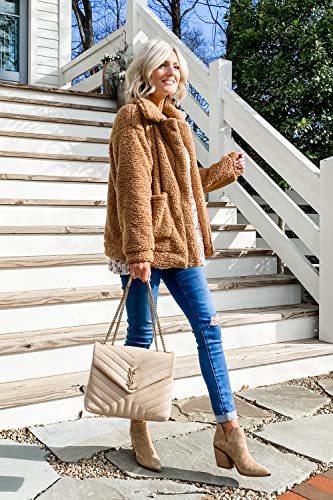 PRETTYGARDEN Women's 2023 Fashion Winter Coat Long Sleeve Lapel Zip Up Faux Shearling Shaggy Oversized Shacket Jacket (Khaki,Small)