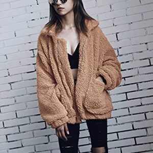 PRETTYGARDEN Women's 2023 Fashion Winter Coat Long Sleeve Lapel Zip Up Faux Shearling Shaggy Oversized Shacket Jacket (Khaki,Small)