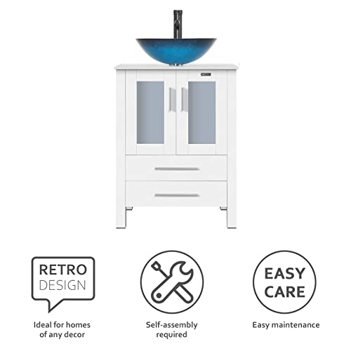 eclife 24" Bathroom Vanity Sink Combo White Cabinet Ocean Blue Square Tempered Glass Vessel Sink & 1.5 GPM Water Save ORB Faucet Solid Brass Pop Up Drain,with Mirror (Ocean Blue Square Sink A04B02W)