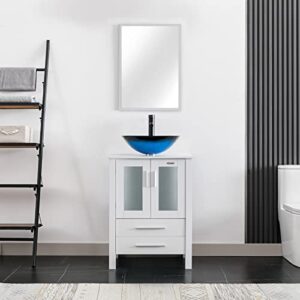 eclife 24" Bathroom Vanity Sink Combo White Cabinet Ocean Blue Square Tempered Glass Vessel Sink & 1.5 GPM Water Save ORB Faucet Solid Brass Pop Up Drain,with Mirror (Ocean Blue Square Sink A04B02W)