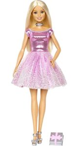 barbie happy birthday doll with blonde hair and blue eyes, pink glitter party dress, gift and silvery accessories (amazon exclusive)