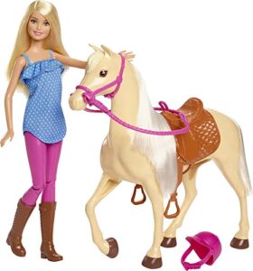 barbie doll & horse set, blonde fashion doll in riding outfit & light brown horse with saddle, bridle & reins