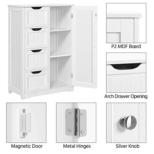 Yaheetech Wooden Floor Cabinet, Side Storage Organizer with 4 Drawers and 1 Cupboard, Freestanding Entryway Storage Unit Console Table, Bathroom Furniture Home Decor, White