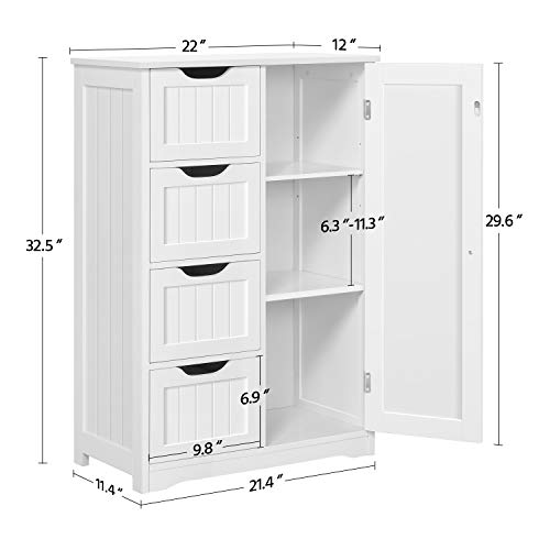 Yaheetech Wooden Floor Cabinet, Side Storage Organizer with 4 Drawers and 1 Cupboard, Freestanding Entryway Storage Unit Console Table, Bathroom Furniture Home Decor, White