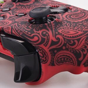 YoRHa Printing Rubber Silicone Cover Skin Case for Xbox One S/X Controller x 1(Flowers red) with PRO Thumb Grips x 8