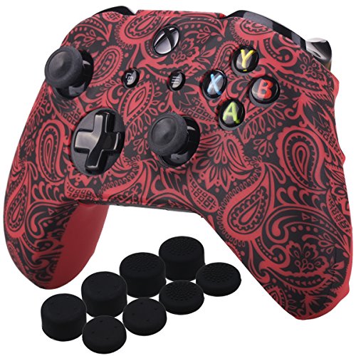 YoRHa Printing Rubber Silicone Cover Skin Case for Xbox One S/X Controller x 1(Flowers red) with PRO Thumb Grips x 8