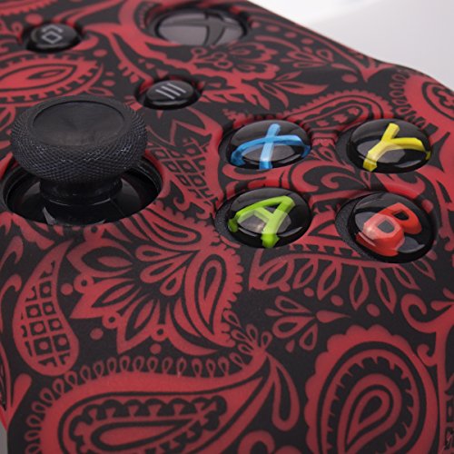 YoRHa Printing Rubber Silicone Cover Skin Case for Xbox One S/X Controller x 1(Flowers red) with PRO Thumb Grips x 8