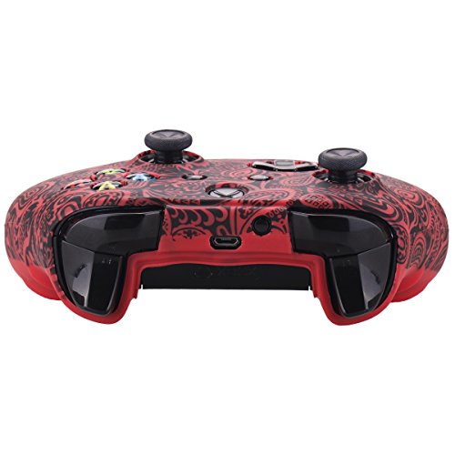 YoRHa Printing Rubber Silicone Cover Skin Case for Xbox One S/X Controller x 1(Flowers red) with PRO Thumb Grips x 8