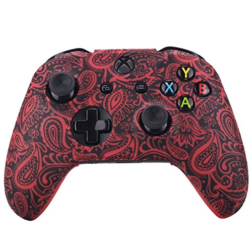 YoRHa Printing Rubber Silicone Cover Skin Case for Xbox One S/X Controller x 1(Flowers red) with PRO Thumb Grips x 8