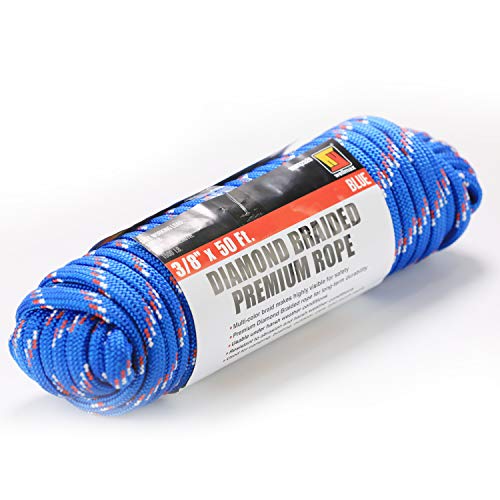 Wellmax Diamond Braid Nylon Rope - 3/8 Inch by 50 Feet Blue Color - Extra Strength, Sunlight and Weather Resistant - Heavy Duty Construction