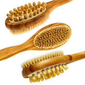 lunabody bamboo body brush for back scrub - natural boar bristle shower brush scrubber with long handle - exfoliate skin and cellulite - wet or dry