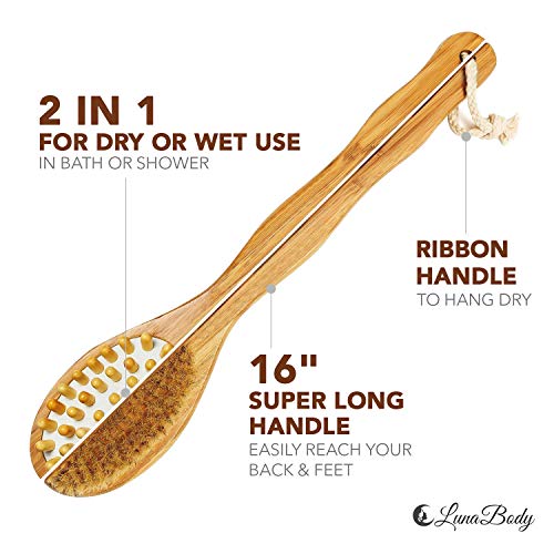 LunaBody Bamboo Body Brush for Back Scrub - Natural Boar Bristle Shower Brush Scrubber with Long Handle - Exfoliate Skin and Cellulite - Wet or Dry