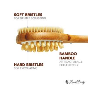 LunaBody Bamboo Body Brush for Back Scrub - Natural Boar Bristle Shower Brush Scrubber with Long Handle - Exfoliate Skin and Cellulite - Wet or Dry