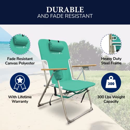 Caribbean Joe Folding Beach Chair, 4 Position Portable Backpack Foldable Camping Chair with Headrest, Cup Holder, and Wooden Armrests, Teal