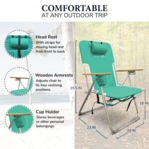 Caribbean Joe Folding Beach Chair, 4 Position Portable Backpack Foldable Camping Chair with Headrest, Cup Holder, and Wooden Armrests, Teal