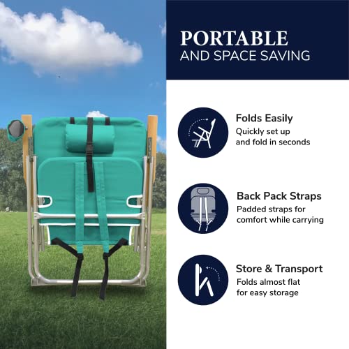 Caribbean Joe Folding Beach Chair, 4 Position Portable Backpack Foldable Camping Chair with Headrest, Cup Holder, and Wooden Armrests, Teal