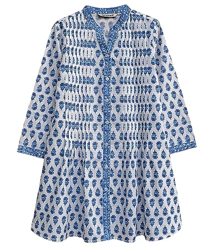 Juno Pure Cotton Printed Front Pleated Tunic Top Kurti Blouse, Blue, 2X