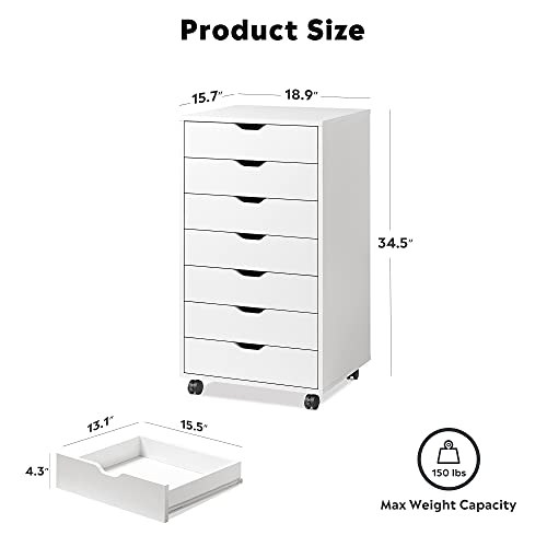 DEVAISE 7 Drawer Dresser, Storage Cabinet for Makeup, Tall Chest of Drawers for Closet and Bedroom, White