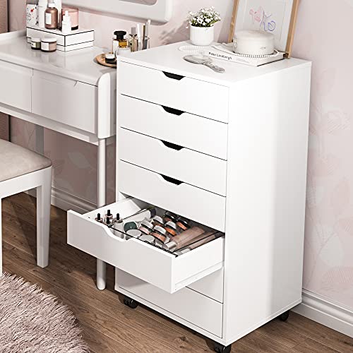 DEVAISE 7 Drawer Dresser, Storage Cabinet for Makeup, Tall Chest of Drawers for Closet and Bedroom, White