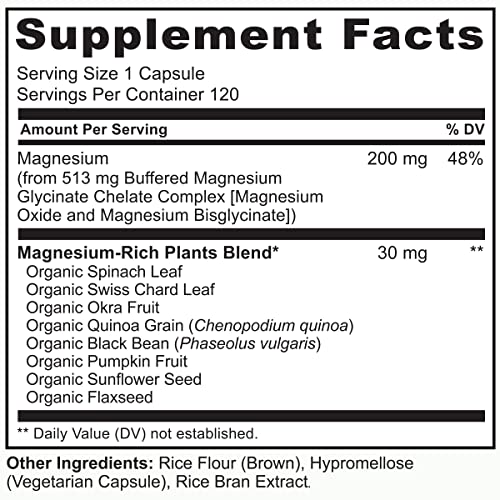 NATURELO Magnesium Glycinate Chelate Complex - 200 mg Magnesium with Organic Vegetables to Support Sleep, Calm, Muscle Cramp & Stress Relief – Gluten Free, Non GMO - 120 Capsules