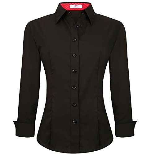 Esabel.C Womens Button Down Shirts Long Sleeve Regular Fit Cotton Stretch Work Blouse Black S