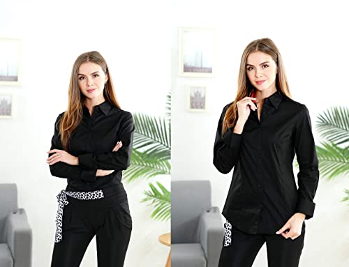 Esabel.C Womens Button Down Shirts Long Sleeve Regular Fit Cotton Stretch Work Blouse Black S