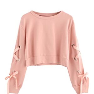 SweatyRocks Women's Casual Lace up Long Sleeve Pullover Crop Top Sweatshirt Solid Pink Small