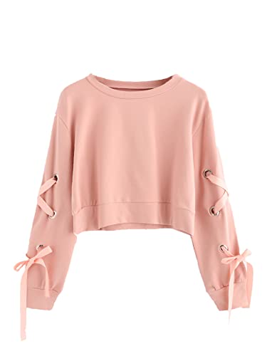 SweatyRocks Women's Casual Lace up Long Sleeve Pullover Crop Top Sweatshirt Solid Pink Small