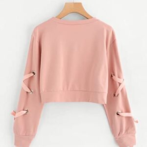 SweatyRocks Women's Casual Lace up Long Sleeve Pullover Crop Top Sweatshirt Solid Pink Small